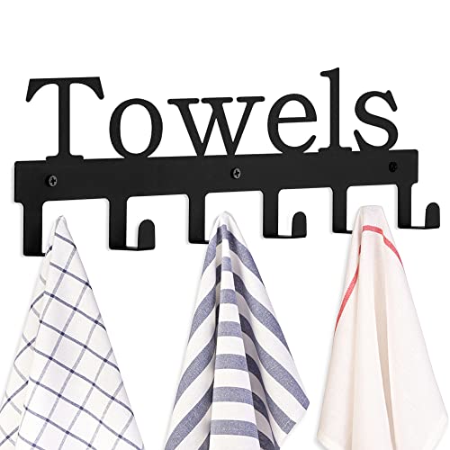 Goutoports Bathroom Towel Rack Wall Mount Towel Holder Metal 6 Hooks Rustproof and Waterproof -Black (Towel Rack Song Typeface)