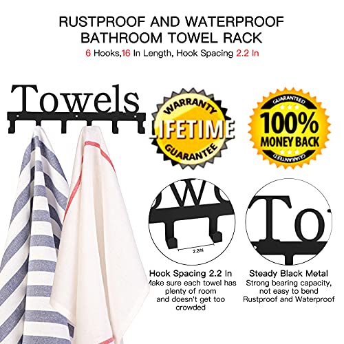 Goutoports Bathroom Towel Rack Wall Mount Towel Holder Metal 6 Hooks Rustproof and Waterproof -Black (Towel Rack Song Typeface)