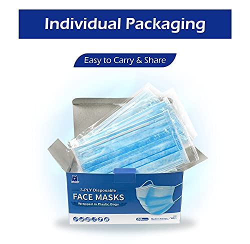 3-PLY BlueEagle Individually Wrapped Disposable Adult Face Masks | Fit for Large Face | with Soft Comfortable Inner Layer | For Men and Women | Blue Color - 50 Pcs (Sky Blue)