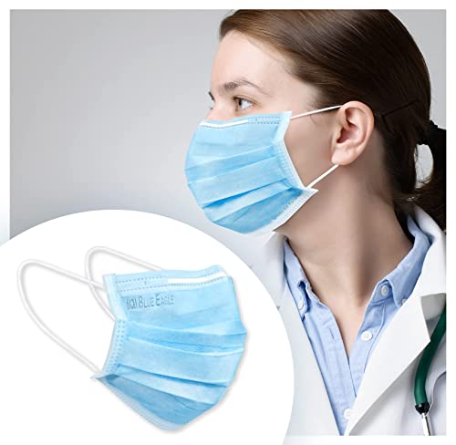 3-PLY BlueEagle Individually Wrapped Disposable Adult Face Masks | Fit for Large Face | with Soft Comfortable Inner Layer | For Men and Women | Blue Color - 50 Pcs (Sky Blue)