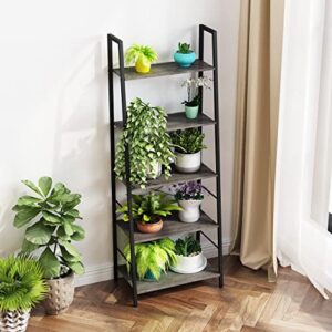 Gadroad 5-Tier Ladder Shelf, Free Standing Display Bookcase with Metal Frame, Ladder Shelves Plant Shelf for Living Room/Office/Balcony/Bathroom/Bedroom, Grey