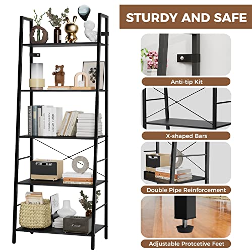 Gadroad 5-Tier Ladder Shelf, Free Standing Display Bookcase with Metal Frame, Ladder Shelves Plant Shelf for Living Room/Office/Balcony/Bathroom/Bedroom, Grey