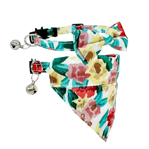 KUDES 2 Pack Breakaway Cat Collar with Removable Bow Tie and Bandana, Cute Floral Pattern Kitten Bowtie Collar Bandana Collar with Bells for Cats Puppy, Adjustable from 7.5-10.8 Inch (Colorful Flower)