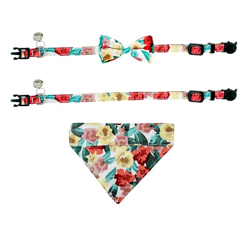 KUDES 2 Pack Breakaway Cat Collar with Removable Bow Tie and Bandana, Cute Floral Pattern Kitten Bowtie Collar Bandana Collar with Bells for Cats Puppy, Adjustable from 7.5-10.8 Inch (Colorful Flower)