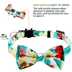 KUDES 2 Pack Breakaway Cat Collar with Removable Bow Tie and Bandana, Cute Floral Pattern Kitten Bowtie Collar Bandana Collar with Bells for Cats Puppy, Adjustable from 7.5-10.8 Inch (Colorful Flower)