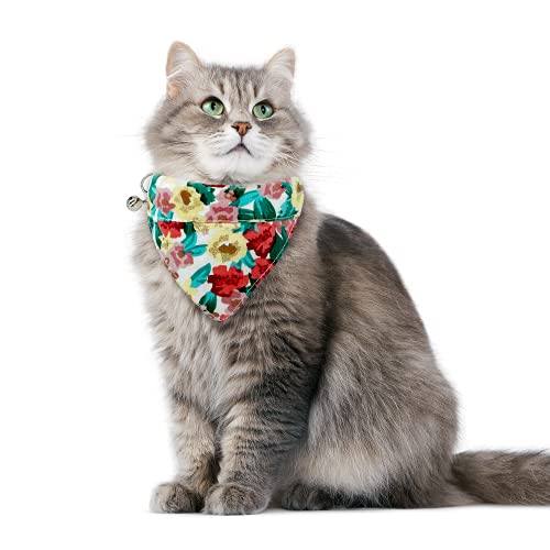 KUDES 2 Pack Breakaway Cat Collar with Removable Bow Tie and Bandana, Cute Floral Pattern Kitten Bowtie Collar Bandana Collar with Bells for Cats Puppy, Adjustable from 7.5-10.8 Inch (Colorful Flower)