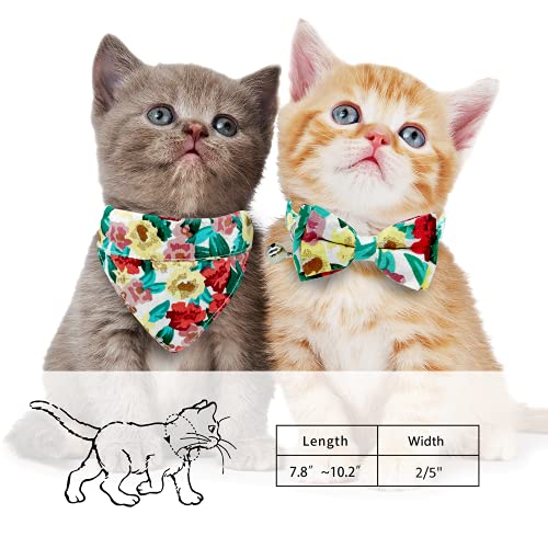 KUDES 2 Pack Breakaway Cat Collar with Removable Bow Tie and Bandana, Cute Floral Pattern Kitten Bowtie Collar Bandana Collar with Bells for Cats Puppy, Adjustable from 7.5-10.8 Inch (Colorful Flower)