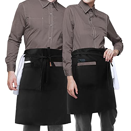 ROTANET Black Bistro Apron Long Server Apron with 3 Pockets Half Large Waist Apron for Work Cafe Uniform Waterproof