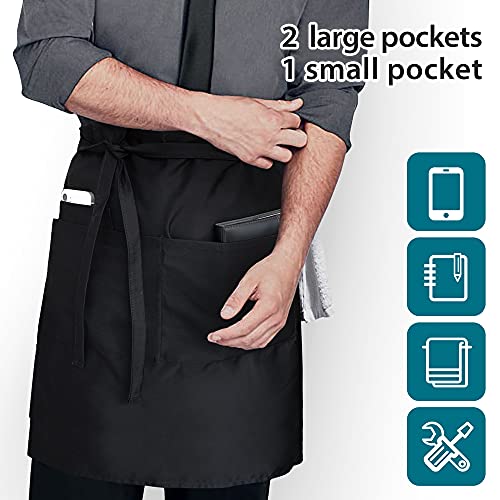 ROTANET Black Bistro Apron Long Server Apron with 3 Pockets Half Large Waist Apron for Work Cafe Uniform Waterproof