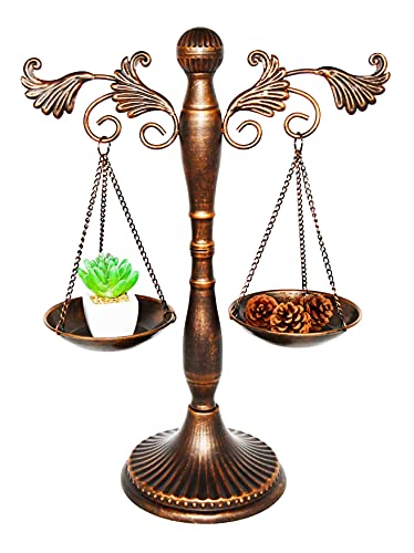 Owlgift Vintage Metal Libra Jewelry Display, Antique Scale Tray Cosmetic Organizer, Farmhouse Candleholder Lawyer of Justice, Unique Centerpiece Stand Storage – Bronze,13.6" W x 18.3" H