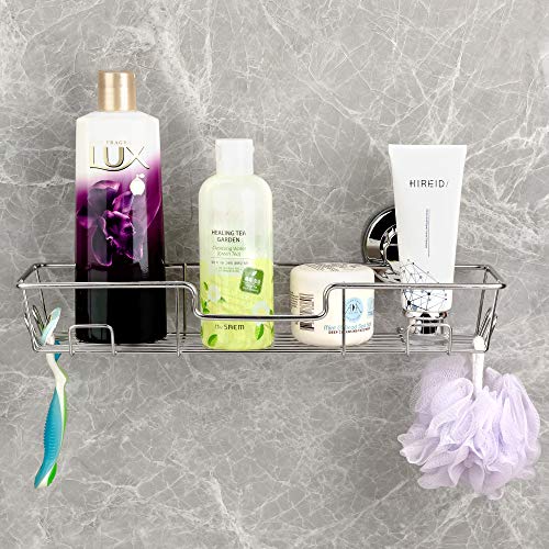 iPEGTOP Strong Suction Cup Shower Caddy Bath Shelf Storage with 4 Side Hooks, Combo Organizer Basket for Shampoo, Conditioner, Soap, Razor Bathroom Accessories, Chrome, 2 Count