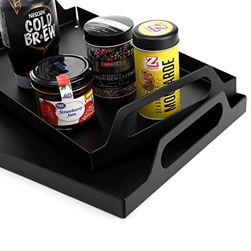 Peohud 2 Pack Black Metal Serving Tray, Decorative Coffee Table Tray with Handles, Vanity Platter Breakfast Tray for Eating, Storing, Bedroom, Kitchen, Living Room, Bathroom