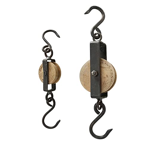 WHW Whole House Worlds Retro Rustic Hay Pulley Hook, Vintage Reproduction, Black Cast Iron, Solid Mango Wood, 10.75 and 7.75 Inches Long