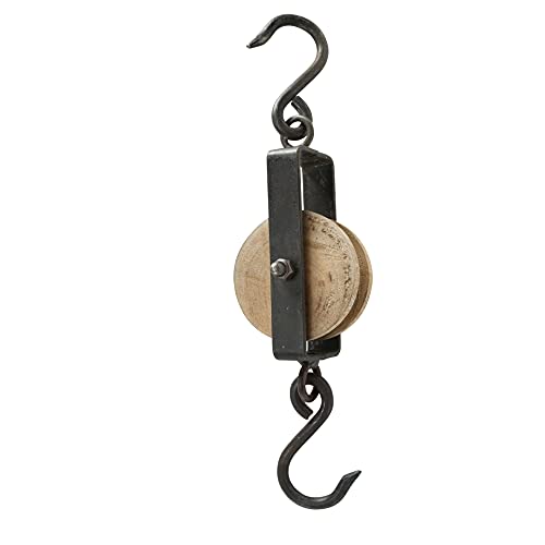 WHW Whole House Worlds Retro Rustic Hay Pulley Hook, Vintage Reproduction, Black Cast Iron, Solid Mango Wood, 10.75 and 7.75 Inches Long