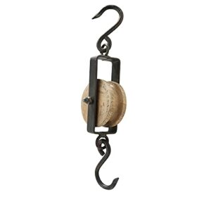 WHW Whole House Worlds Retro Rustic Hay Pulley Hook, Vintage Reproduction, Black Cast Iron, Solid Mango Wood, 10.75 and 7.75 Inches Long