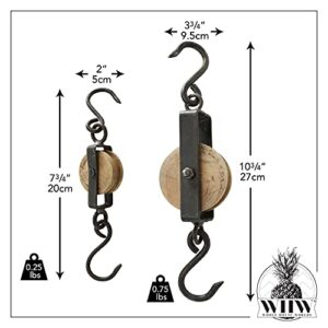 WHW Whole House Worlds Retro Rustic Hay Pulley Hook, Vintage Reproduction, Black Cast Iron, Solid Mango Wood, 10.75 and 7.75 Inches Long