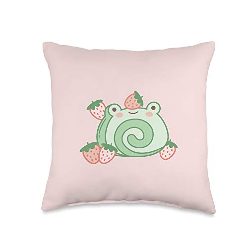 Kawaii Stuff Cute Frog Strawberry Cake Kawaii Aesthetic Pink Throw Pillow, 16x16, Multicolor