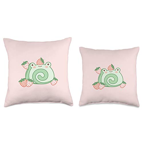 Kawaii Stuff Cute Frog Strawberry Cake Kawaii Aesthetic Pink Throw Pillow, 16x16, Multicolor