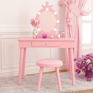 vabches kids vanity set with mirror and stool, children makeup dressing table with lights, princess vanity table for toddlers, pink