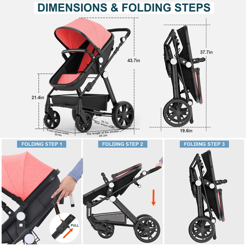 Newborn Infant Baby Bassinet Stroller - Sleeping & Sitting Mode 2 in 1 All Terrain High Landscape Shock Absorption Sunshade Comfortable Baby Toddler Strollers for 0-36 Months Old Babies