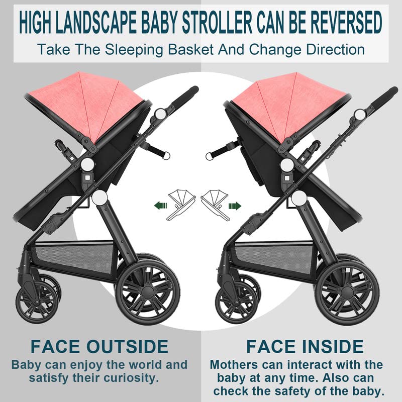 Newborn Infant Baby Bassinet Stroller - Sleeping & Sitting Mode 2 in 1 All Terrain High Landscape Shock Absorption Sunshade Comfortable Baby Toddler Strollers for 0-36 Months Old Babies