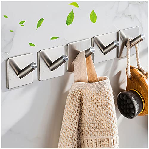 Adhesive Hooks Heavy Duty Stick on Hooks Wall Hangers Waterproof Stainless Steel Towel Hanger Holder Sticky Hooks for Robes, Towels, Clothes, Bags, Keys, Hats.5 Packs