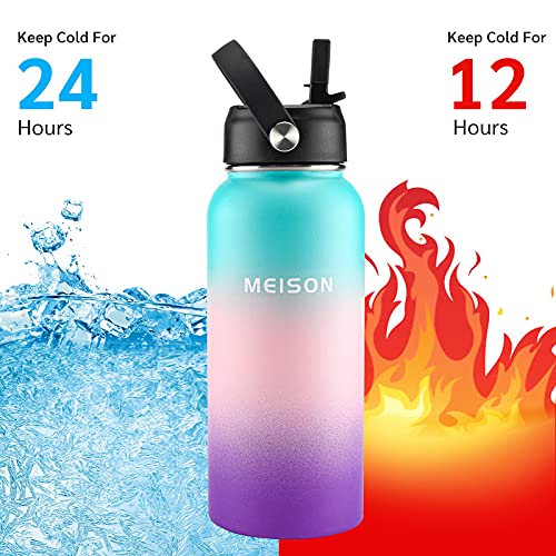 Insulated Water Bottle With Straw 32oz, Sports Water Bottle 1 Liter, Reusable Wide Mouth Vacuum 18/8 Stainless Steel Thermos Flask, Double Wall, BPA-Free (Hydrangea, 32oz)