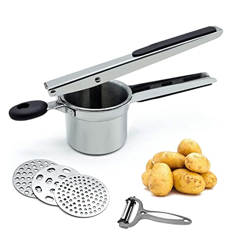 HUAPX® Potato Ricer and Masher,Heavy Duty Stainless Steel Food Ricer (11.6" x 4.5") with 14 oz Large Capacity,3-in-1 Peeler and 3 Ricing Discs for Fruit Juicer,Cooking,Purees,Baby Food Press Squeezer