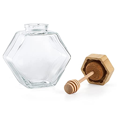 DEAYOU 4 Pack 7 Oz Honey Pot Jars, Glass Honey Pot with Wooden Dipper and Cork Lid, Hexagon Shape Honey Container Dispenser Storage, Clear Heat-Resistant Honeypot for Home, Kitchen