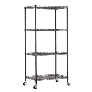 4 shelf garage shelving unit, metal shelves with wheels heavy duty (168 lbs per shelf), adjustable storage rack, nsf wire shelving, utility shelf for kitchen pantry rack, black