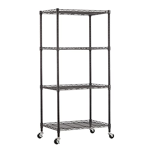 4 Shelf Garage Shelving Unit, Metal Shelves with Wheels Heavy Duty (168 lbs per Shelf), Adjustable Storage Rack, NSF Wire Shelving, Utility Shelf for Kitchen Pantry Rack, Black