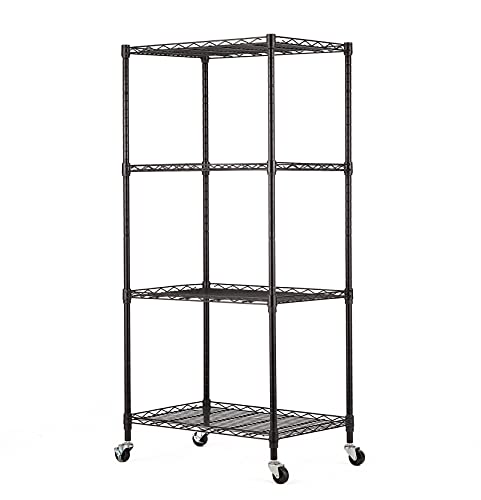 4 Shelf Garage Shelving Unit, Metal Shelves with Wheels Heavy Duty (168 lbs per Shelf), Adjustable Storage Rack, NSF Wire Shelving, Utility Shelf for Kitchen Pantry Rack, Black