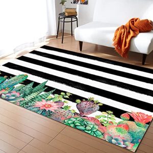 olivefox 3x5 feet floor mat area rug, cactus watercolor black and white stripes runner indoor carpet, non skid rug accent for living room, hallway, kitchen, office hsm-2021-5-13-jjxt-shzf02827mdkaolx