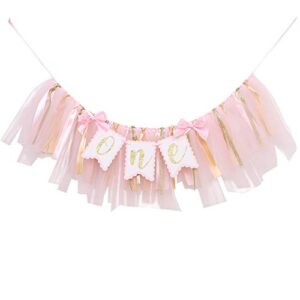 Highchair Banner 1st Birthday Girl - Tulle And Ribbon Banner For First Birthday, Cake Smash Photo Prop, Party Supplies (Pink)