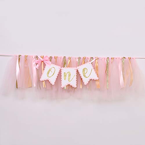 Highchair Banner 1st Birthday Girl - Tulle And Ribbon Banner For First Birthday, Cake Smash Photo Prop, Party Supplies (Pink)