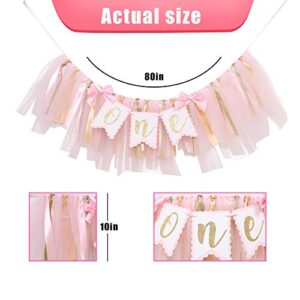 Highchair Banner 1st Birthday Girl - Tulle And Ribbon Banner For First Birthday, Cake Smash Photo Prop, Party Supplies (Pink)