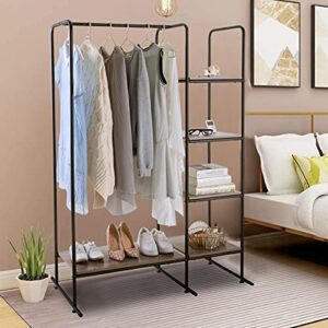 metal garment rack, free standing closet storage organizer w/ 5 shelves & hanging bar, open wardrobe rack for hanging clothes and storage, clothes rack for bedroom living room entryway,black/dark brown(model:2103)