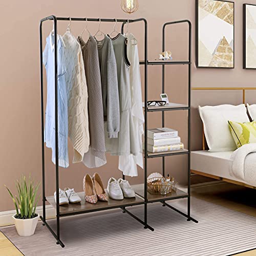 Metal Garment Rack, Free Standing Closet Storage Organizer w/ 5 Shelves & Hanging Bar, Open Wardrobe Rack for Hanging Clothes and Storage, Clothes Rack for Bedroom Living Room Entryway,Black/Dark Brown(Model:2103)