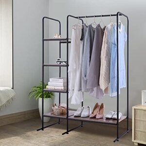 Metal Garment Rack, Free Standing Closet Storage Organizer w/ 5 Shelves & Hanging Bar, Open Wardrobe Rack for Hanging Clothes and Storage, Clothes Rack for Bedroom Living Room Entryway,Black/Dark Brown(Model:2103)