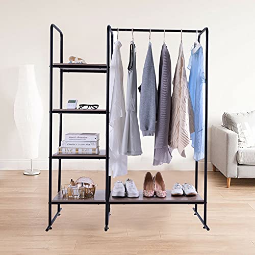 Metal Garment Rack, Free Standing Closet Storage Organizer w/ 5 Shelves & Hanging Bar, Open Wardrobe Rack for Hanging Clothes and Storage, Clothes Rack for Bedroom Living Room Entryway,Black/Dark Brown(Model:2103)