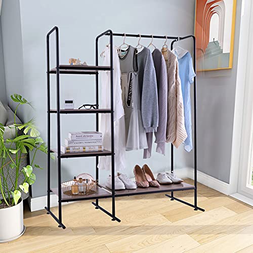 Metal Garment Rack, Free Standing Closet Storage Organizer w/ 5 Shelves & Hanging Bar, Open Wardrobe Rack for Hanging Clothes and Storage, Clothes Rack for Bedroom Living Room Entryway,Black/Dark Brown(Model:2103)