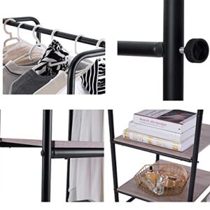 Metal Garment Rack, Free Standing Closet Storage Organizer w/ 5 Shelves & Hanging Bar, Open Wardrobe Rack for Hanging Clothes and Storage, Clothes Rack for Bedroom Living Room Entryway,Black/Dark Brown(Model:2103)