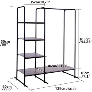 Metal Garment Rack, Free Standing Closet Storage Organizer w/ 5 Shelves & Hanging Bar, Open Wardrobe Rack for Hanging Clothes and Storage, Clothes Rack for Bedroom Living Room Entryway,Black/Dark Brown(Model:2103)