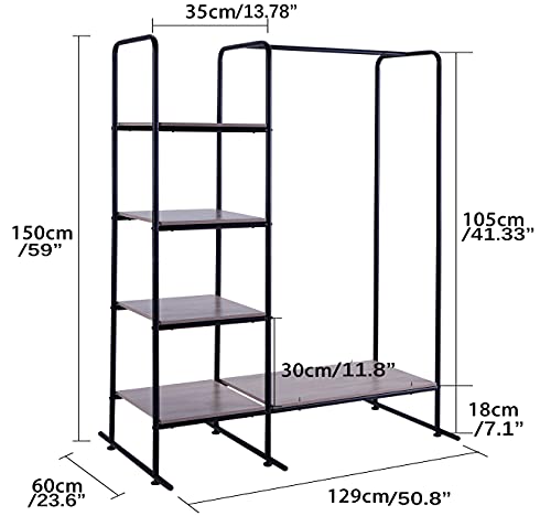 Metal Garment Rack, Free Standing Closet Storage Organizer w/ 5 Shelves & Hanging Bar, Open Wardrobe Rack for Hanging Clothes and Storage, Clothes Rack for Bedroom Living Room Entryway,Black/Dark Brown(Model:2103)