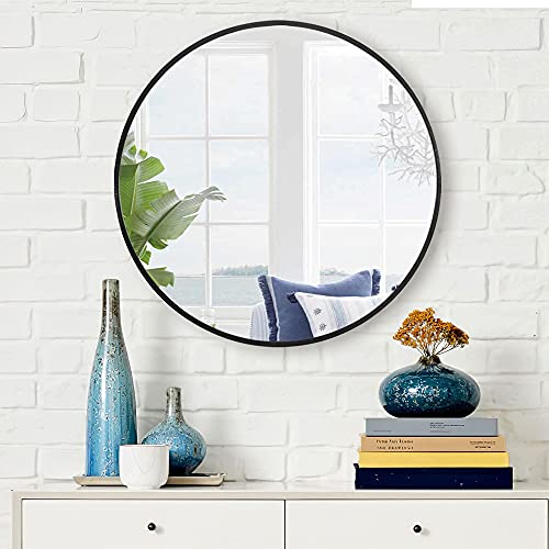 KIAYACI Round Wall Mirror Large Circle Mirrors for Bathroom Living Rooms -Aluminum Alloy Frame, Shatteproof Glass (Black, 24")