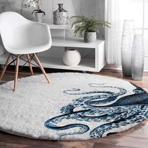 singingin round area rugs for kids room ocean octopus shag area rug non-slip soft plush floor carpet mat for nursery, living room, bedroom, modern home decor diameter 5ft