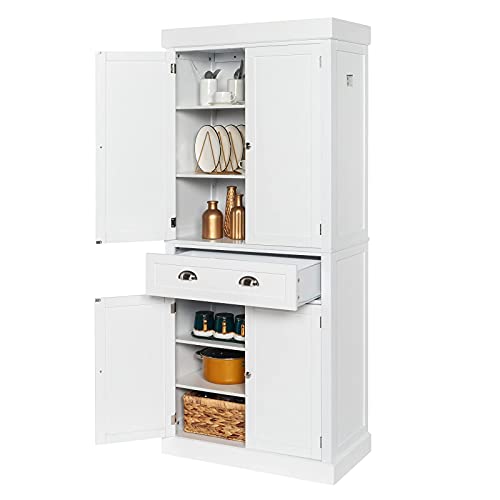 VINGLI 72In Freestanding Kitchen Pantry Cabinet with Doors and Shelves and Drawer, Pantry Cupboard, Tall Wooden Storage Cabinet with Shelves, Assembly Required, White