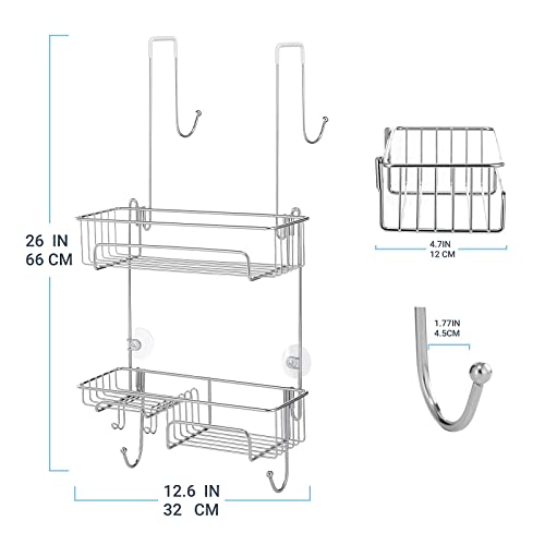 COSYLAND Shower Caddy Hanging Over The Door, Rustproof SUS304 Stainless Steel Bathroom Organizer Basket Shelf Storage Rack Shampoo Soap Dishes Holder Hooks, for Dorm, Toilet, Bath and Kitchen, Silver