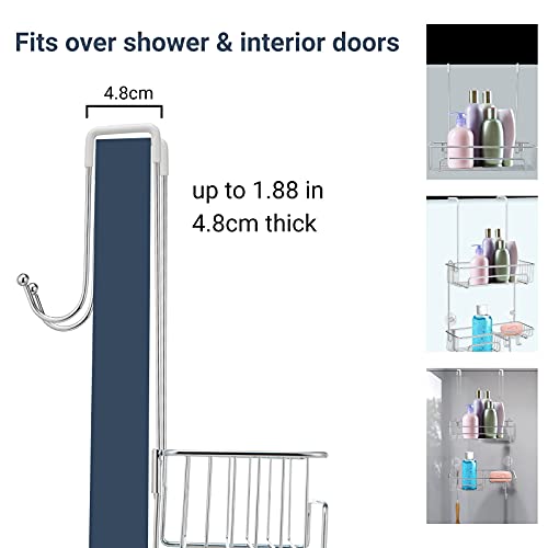 COSYLAND Shower Caddy Hanging Over The Door, Rustproof SUS304 Stainless Steel Bathroom Organizer Basket Shelf Storage Rack Shampoo Soap Dishes Holder Hooks, for Dorm, Toilet, Bath and Kitchen, Silver