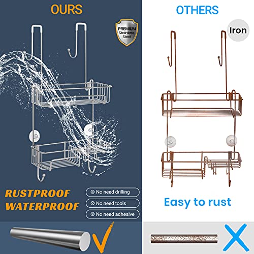 COSYLAND Shower Caddy Hanging Over The Door, Rustproof SUS304 Stainless Steel Bathroom Organizer Basket Shelf Storage Rack Shampoo Soap Dishes Holder Hooks, for Dorm, Toilet, Bath and Kitchen, Silver